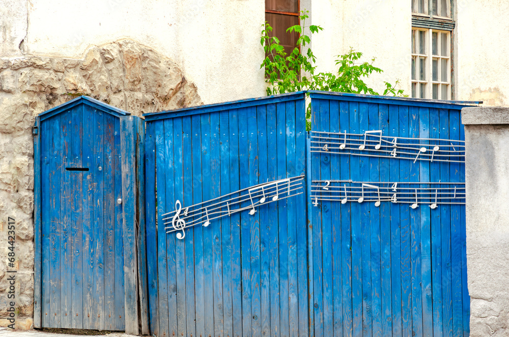 Sfantu Gheorghe, Covasna, Romania, June 16, 2023: Blue musical gate to ...