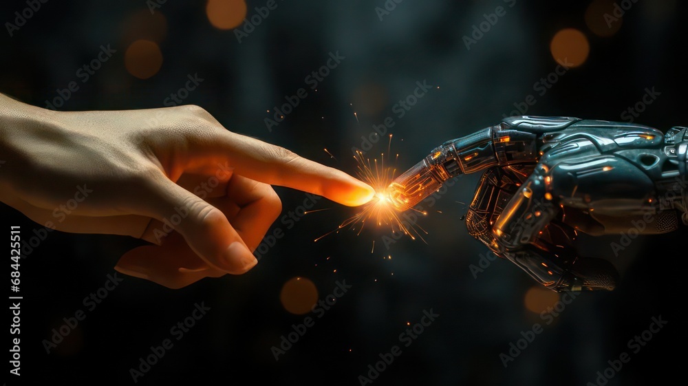 AI Robot and human touching concepts. cyber finger touch human with ...