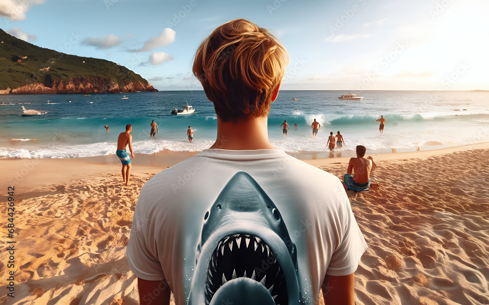 Ocean Anxiety: Beach safety - man on lookout for shark danger in surf ...