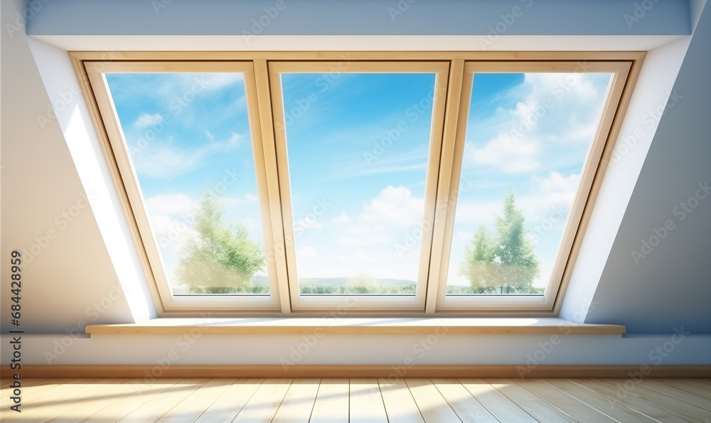 New energy efficient attic windows in wooden frame install indoors ...