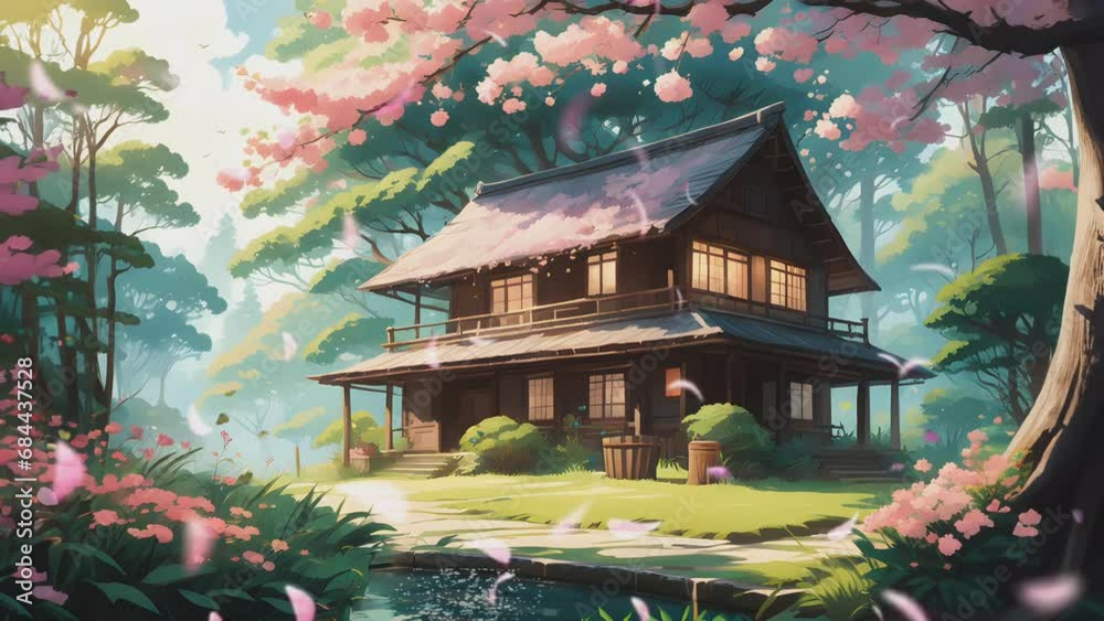 house and big cherry tree in a fantasy forest with falling flowers ...
