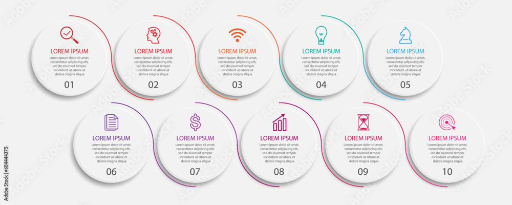 simple infographic vector design 10 steps or parts, circles with thin ...