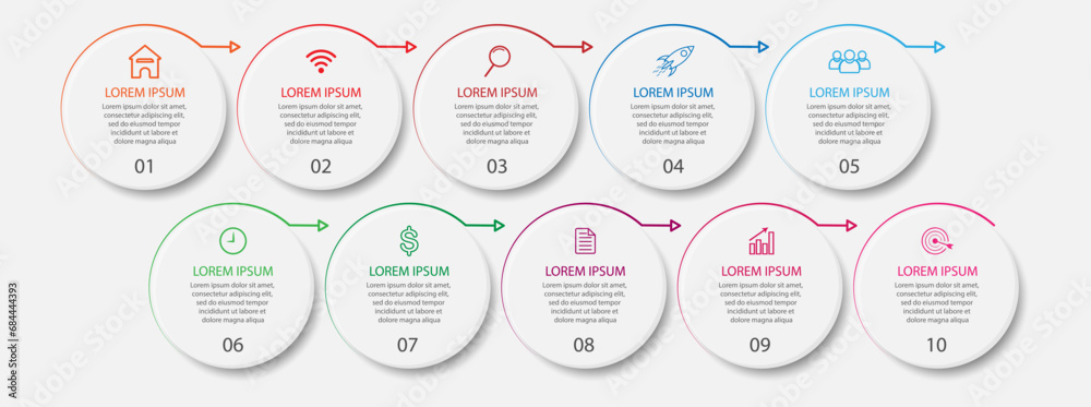 simple infographic vector design 10 steps or parts, circles with thin ...