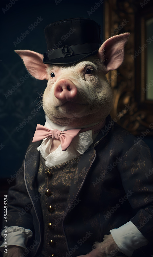 portrait of pig dressed in Victorian era clothes, confident vintage ...