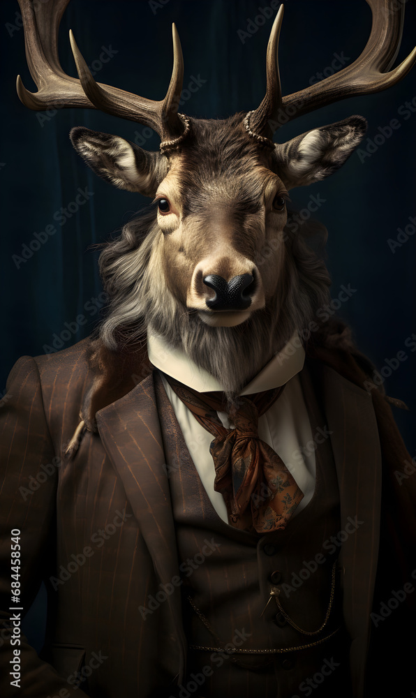 portrait of elk dressed in Victorian era clothes, confident vintage ...