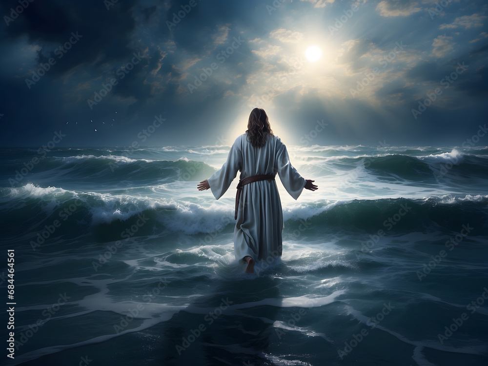 Jesus Christ walks on water across the sea Stock Photo | Adobe Stock