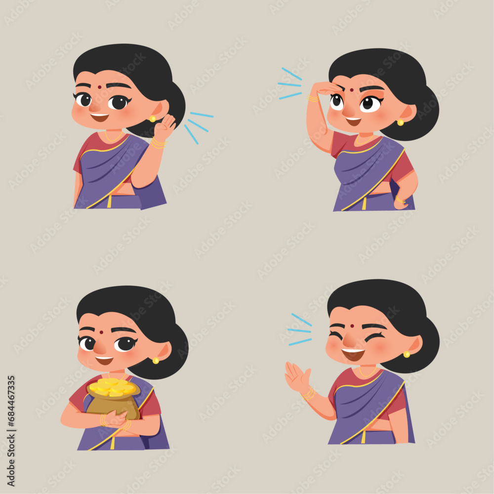 vector illustration of a woman in an Indian outfit with hearing, seeing ...