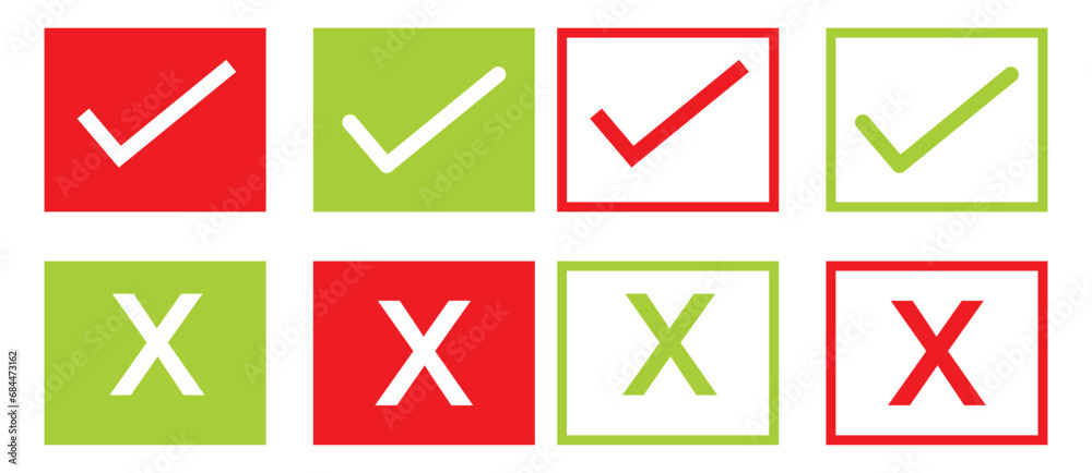 Wrong or rejected cross red check mark and right or approved green tick ...