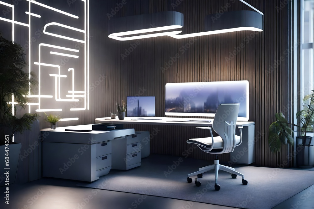 High-tech modern office with a futuristic white office chair, a ...