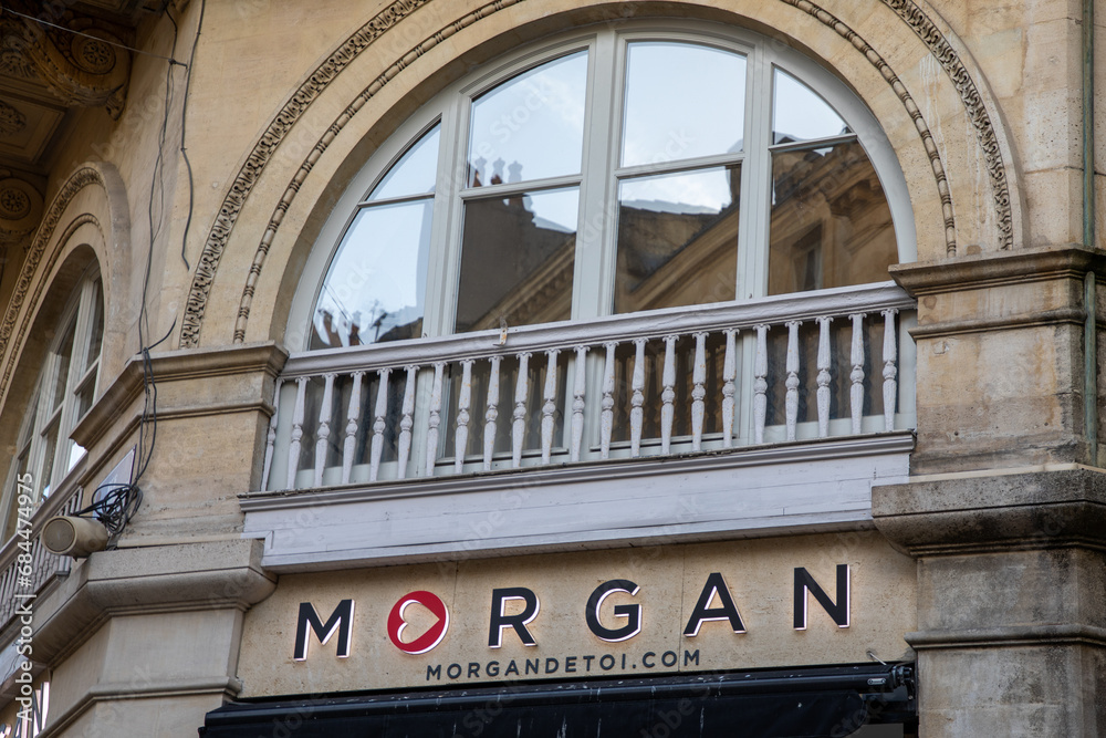 Morgan logo brand store and text sign shop on wall facade chain ...