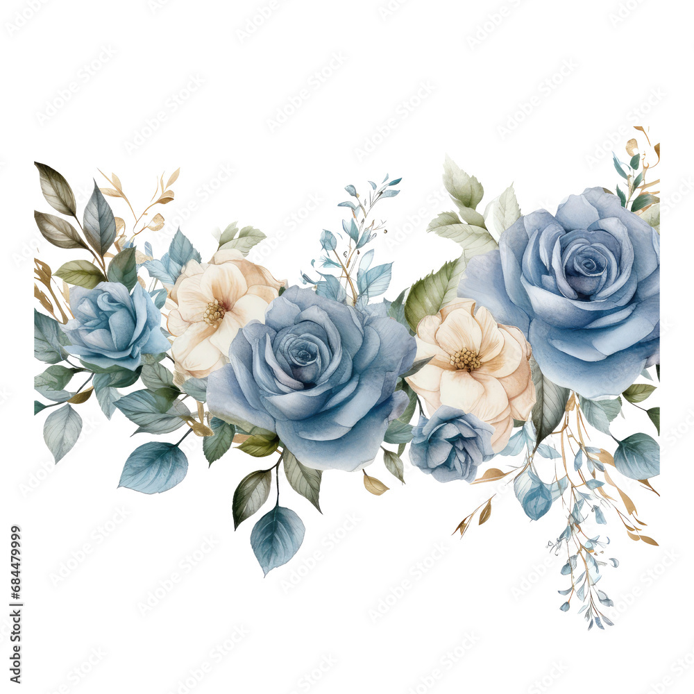 bohemian dusty blue roses border, watercolor clip art Stock ...