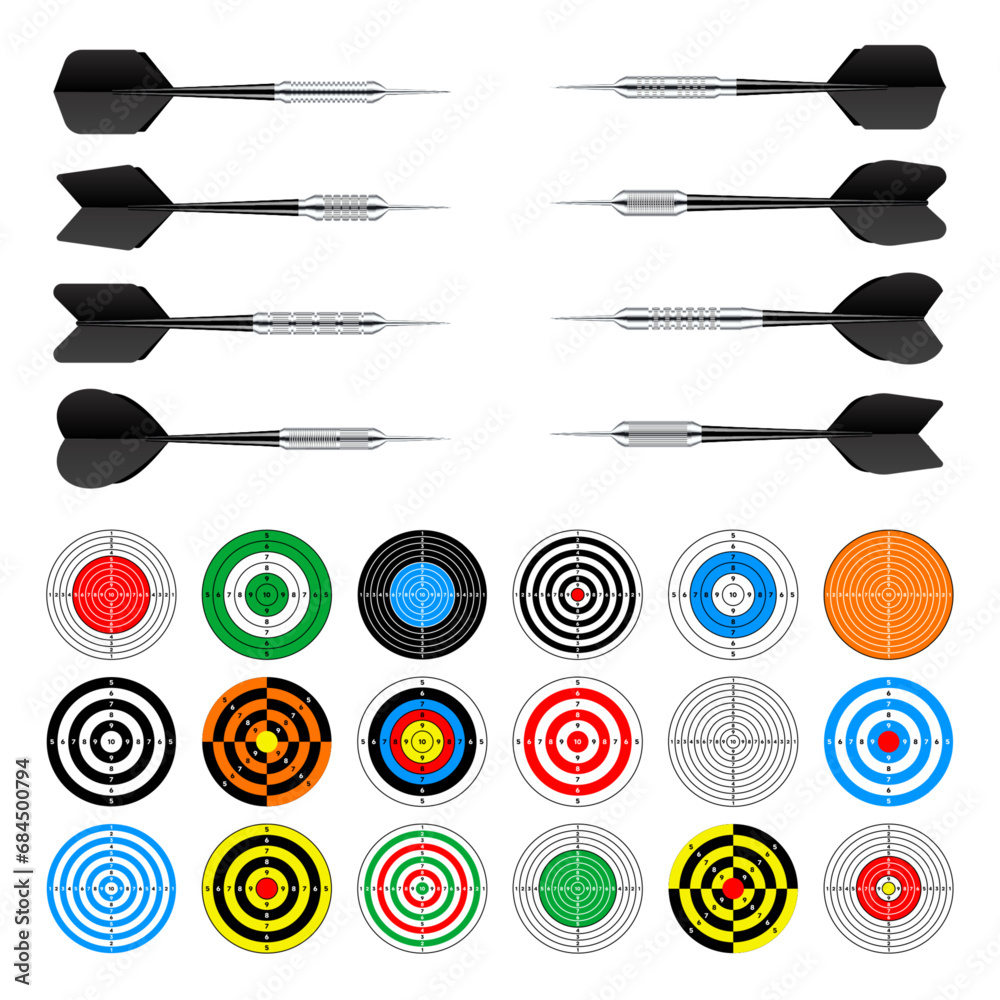 Paper targets with dart arrows. Shooting range round target, divisions ...
