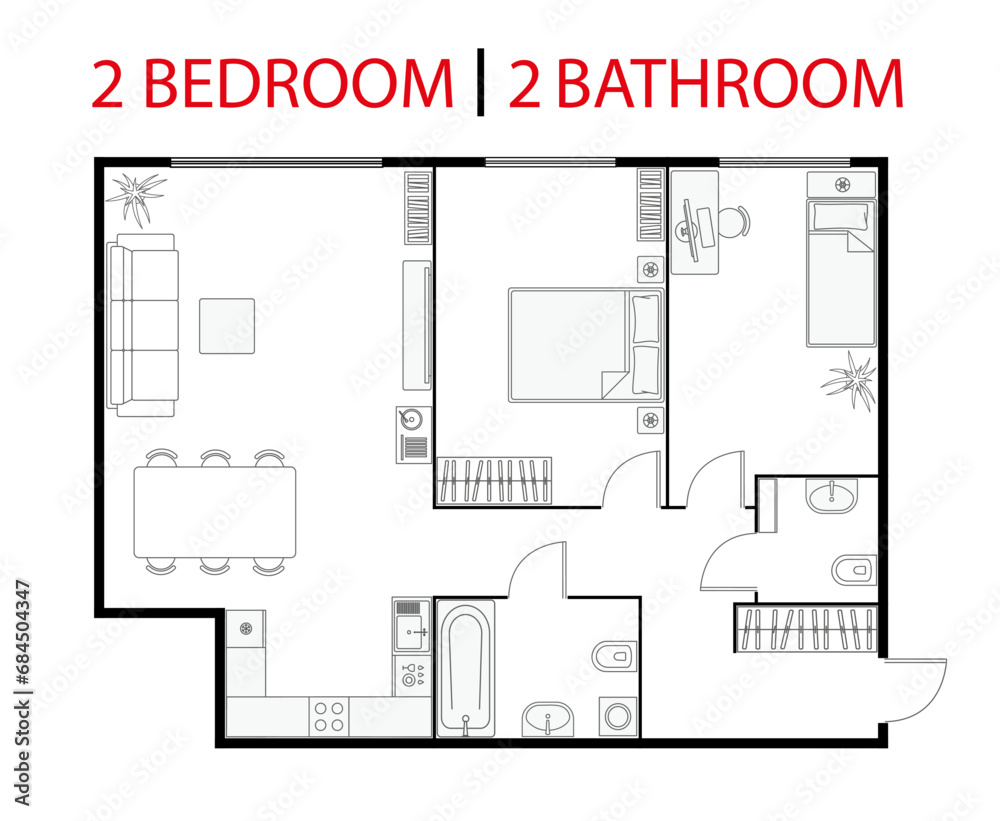 Plan floor apartment. Studio, condominium. Two bedroom layout floor ...