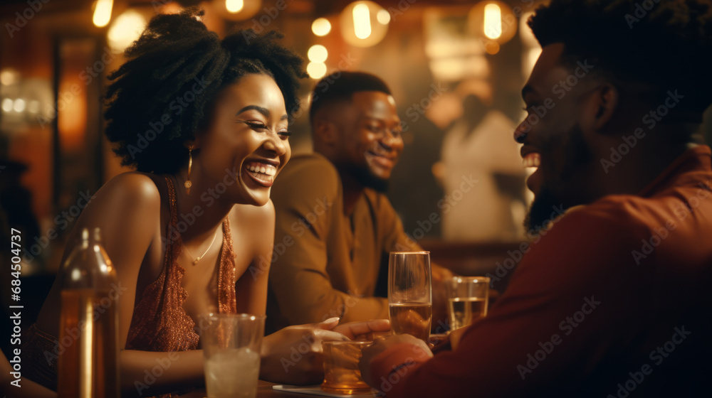 Black african american adults laughing and drinking having fun at a ...