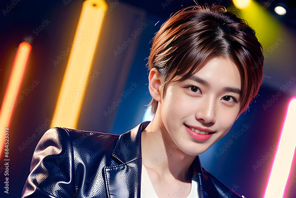 portrait of a beautiful smiling handsome Korean man like a K-pop idol ...