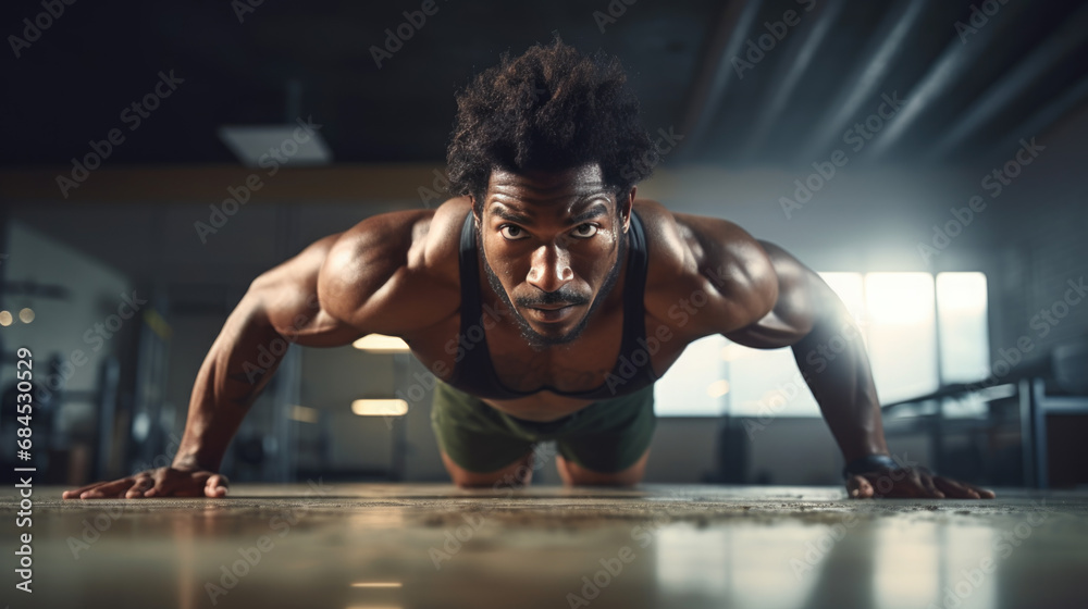 A black afro-american athlete with healthy muscular body doing pushups ...