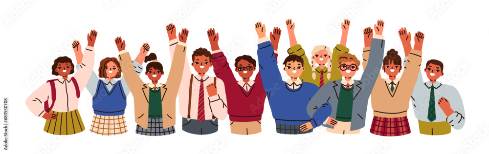 Happy school children, boys and girls group jwth arms up. Kids students ... Happy school children, boys and girls group jwth arms up. Kids students ...