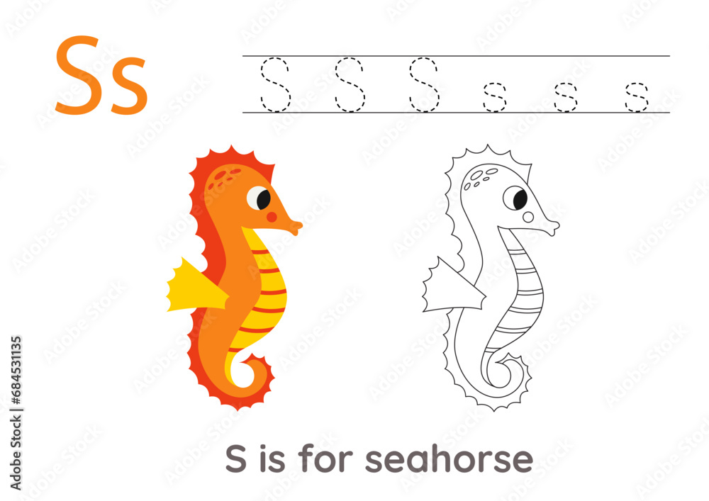 Tracing alphabet letters with cute animals. Color cute seahorse. Trace ...