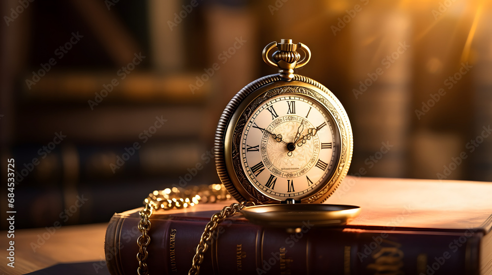 Vintage clock hanging on a chain on the background of old books and sun ...