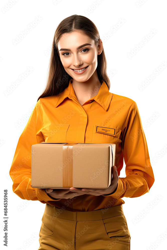 Cute friendly girl employee of Parcel delivery company in orange ...