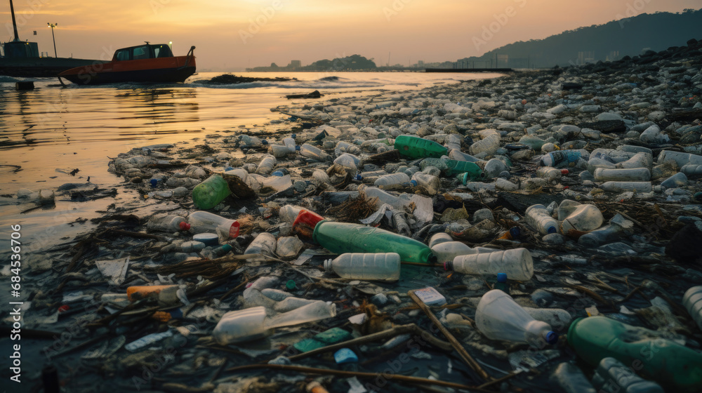 Marine ocean pollution in coastline with lots of plastic waste and ...