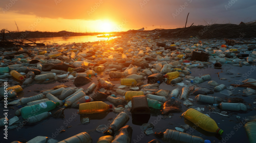 Marine ocean pollution in coastline with lots of plastic waste and ...