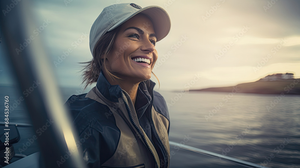 At the stern of the motorboat happy female captain was sailing the calm ...