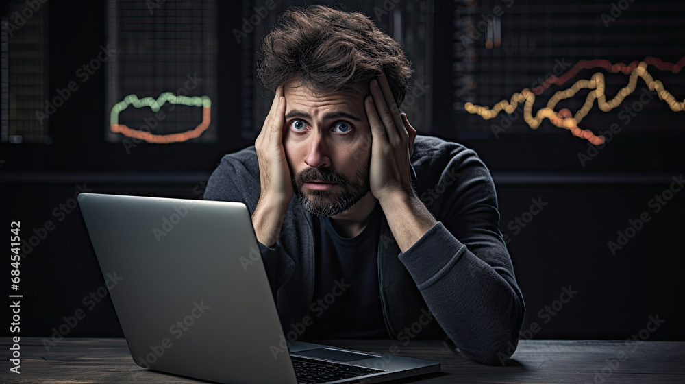 Man with laptop worried and confused looking at stock market going down ...