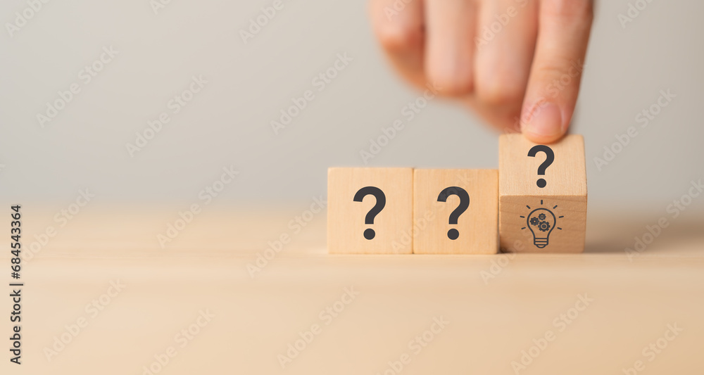 Question marks and light bulb symbolizing idea or solution. Problem ...