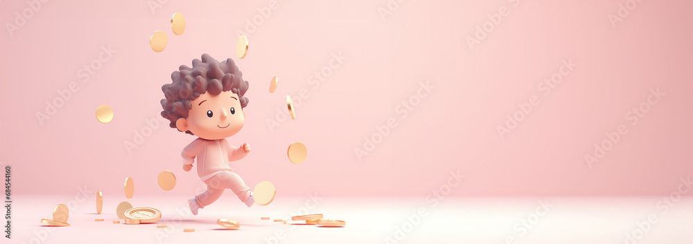 Boy jumping with money coins 3D animation. Busy kids entrepreneurs work ...