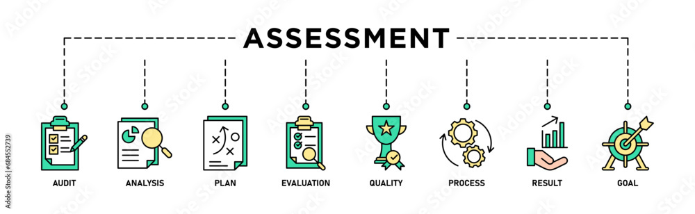 Assessment banner web icon vector illustration for accreditation and evaluation method on ...
