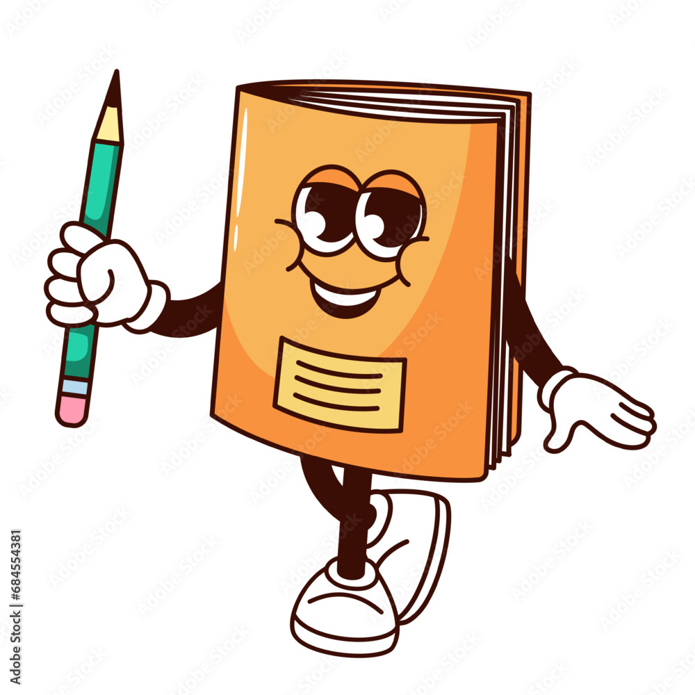 Groovy notebook character vector illustration. Cartoon isolated retro ...