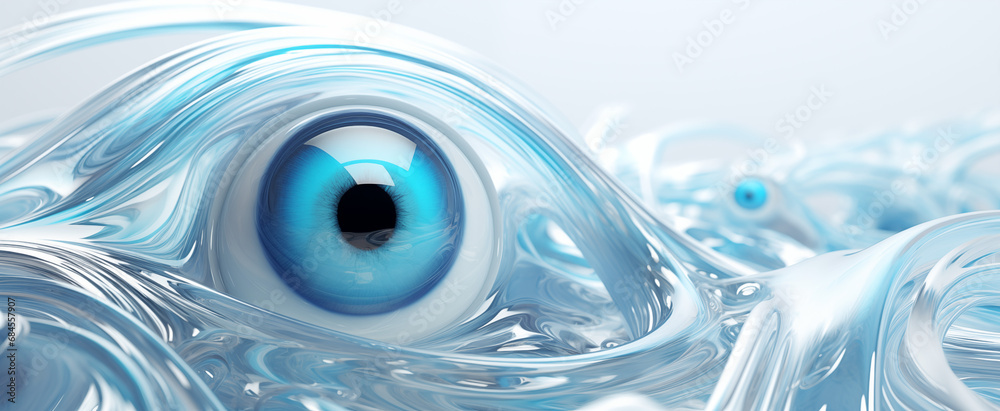 blue eyeball is seen through circular lens in white background with ...