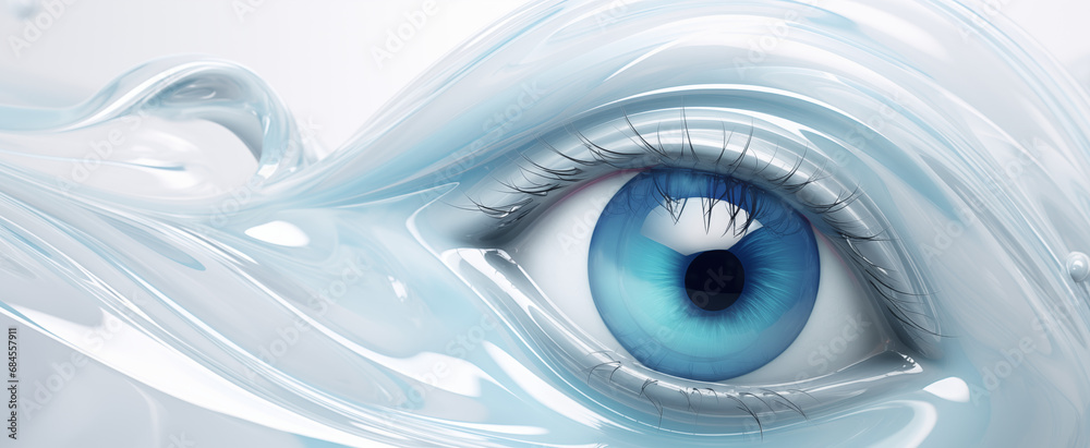 blue eyeball is seen through circular lens in white background with ...