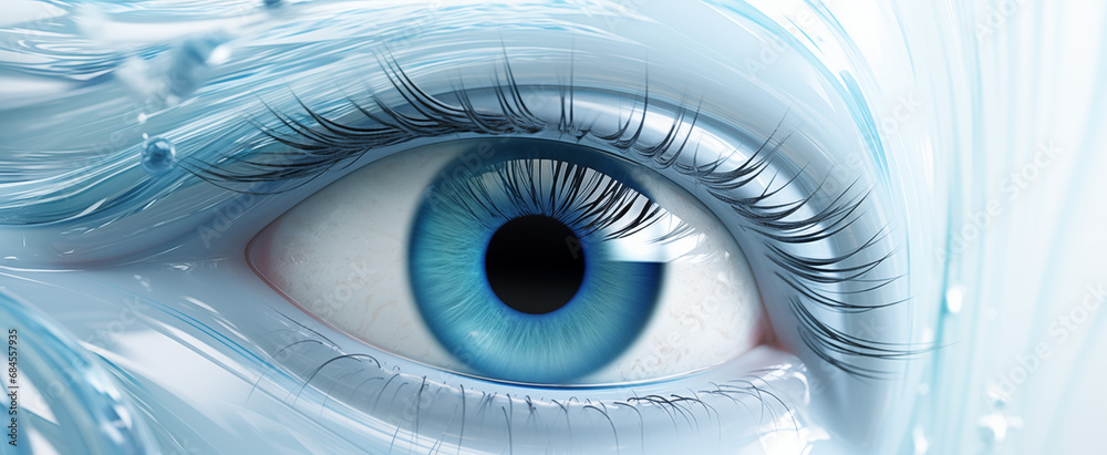 blue eyeball is seen through circular lens in white background with ...