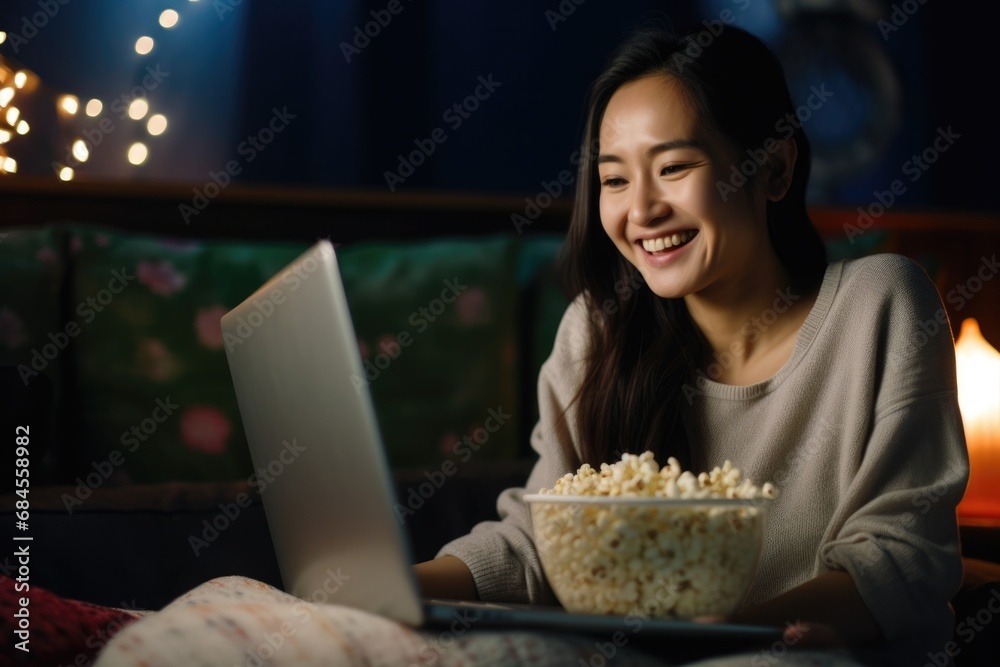 Nighttime Binge-Watching: Happy Adult Asian Woman Relaxing at Home with ...