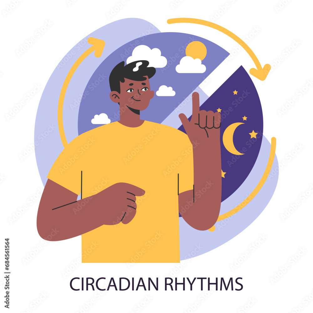 Circadian rhythm. Man signifies the balance of day and night time ...