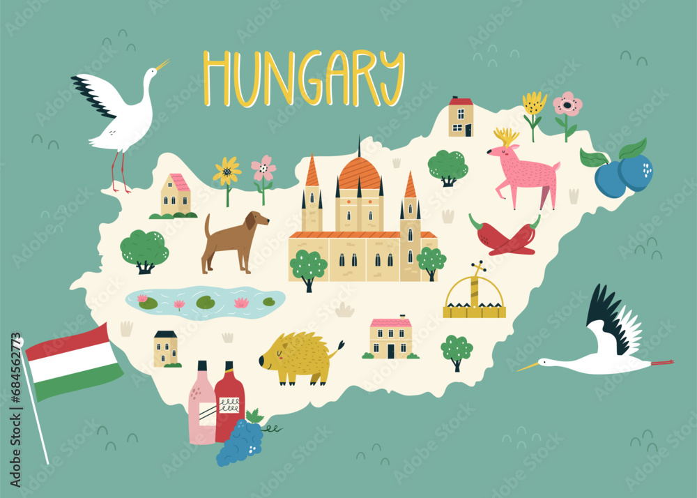Colorful illustrated map of Hungary with animals, famous symbols ...