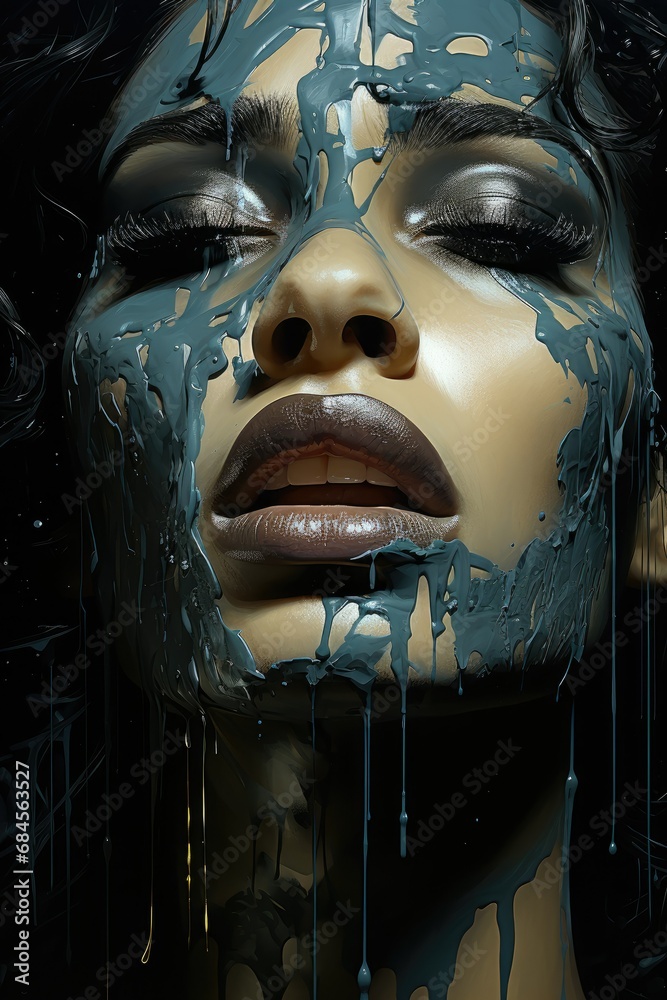 thick paint, complex multi-layered dripping, black, gray, mint, 3/4 ...