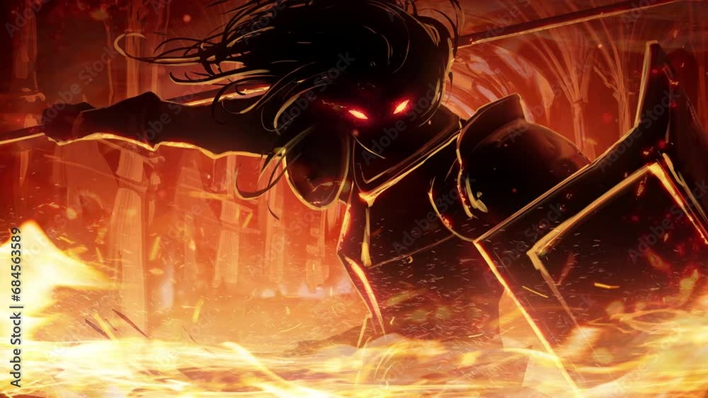 fierce fiery knight with loose hair, large shield and glowing demonic ...