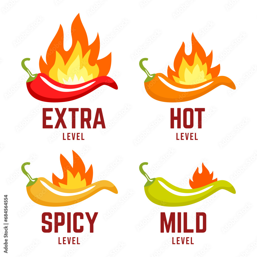 Hot spicy level labels of vector chili. Spicy food or sauce taste scale ...
