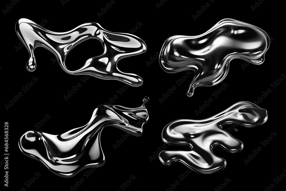 Y2K Melted chrome liquid metal shapes set isolated. Spilled wavy molten ...