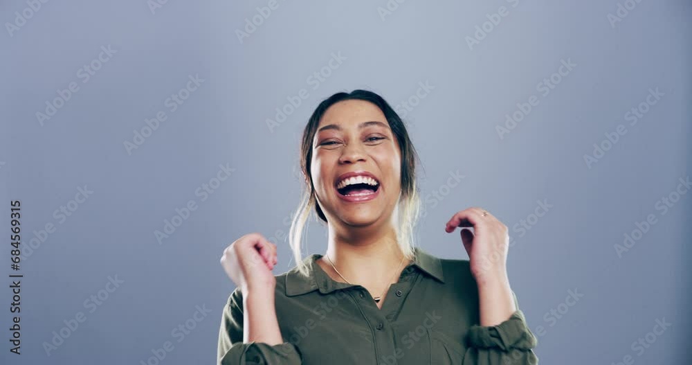 Woman, laughing and joyful with humour, funny and happy for comic, meme ...