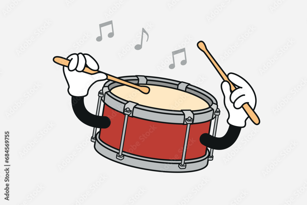 Cute snare drum cartoon character with hand holding stick and hitting ...