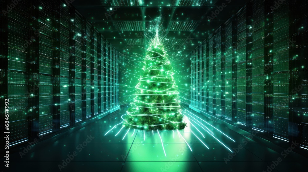 Server room stands a Christmas tree made of fiber optic cables ...
