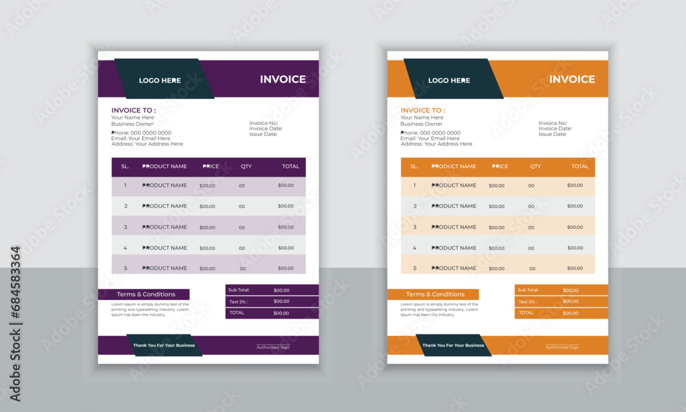 professional modern purple and yellow corporate business invoice ...