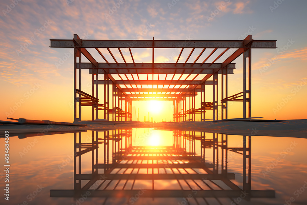 construction site and sunset , structural steel beam build. generative ...