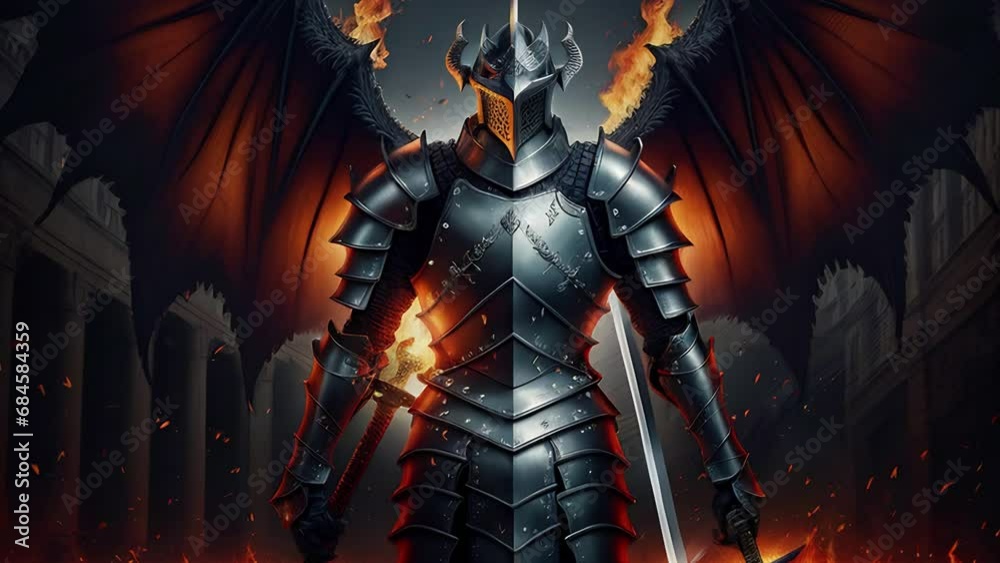 A demon with wings and iron armor, mystical and magical animation. A ...