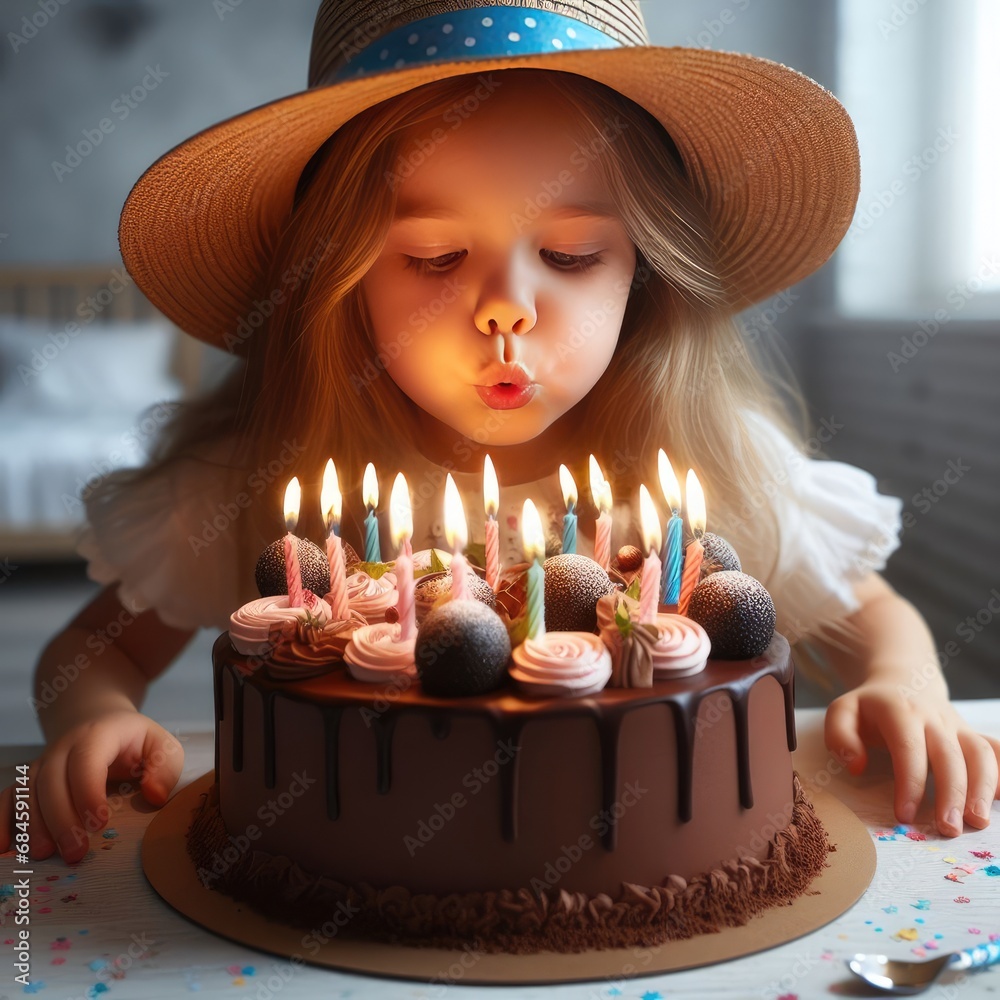 Beautiful little girl birthday party, wearing a brimmed hat and blowing ...
