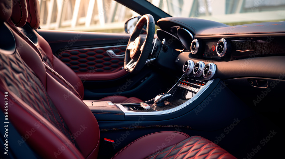 Red leather seats inside the futuristic luxury car. Modern car interior ...